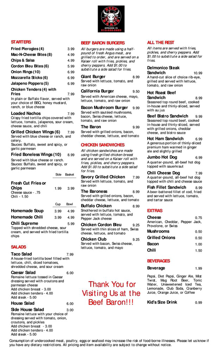 A menu that doesn't need fancy fonts or flowery descriptions—just the straightforward promise of meat done right. The Baron knows his priorities.