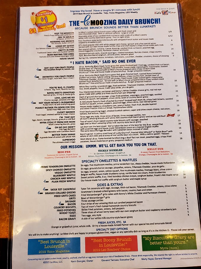 This isn't your ordinary brunch menu—it's a manifesto of morning delights. "I Hate Bacon, Said No One Ever" might be the truest statement in Kentucky.