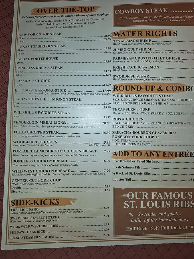 This menu isn't just a list—it's a roadmap to happiness. The "Cowboy Steak" isn't just a meal, it's a commitment.
