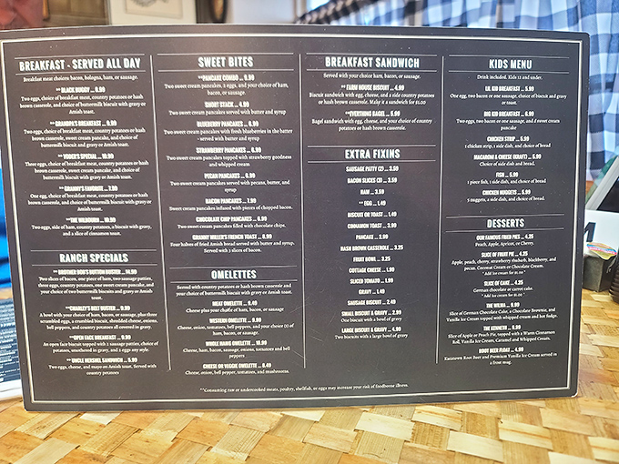 This menu isn't just a list of options – it's a roadmap to happiness with breakfast served all day, because life's too short for arbitrary meal deadlines.