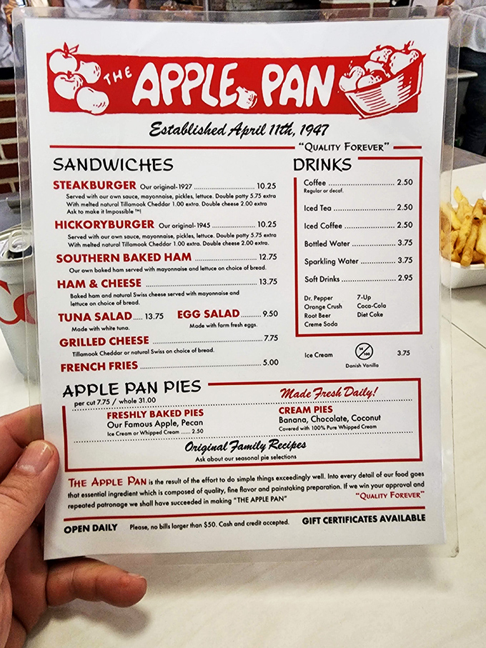 The menu at The Apple Pan is refreshingly concise – no 12-page novel of options, just the greatest hits of American comfort food that have stood the test of time.