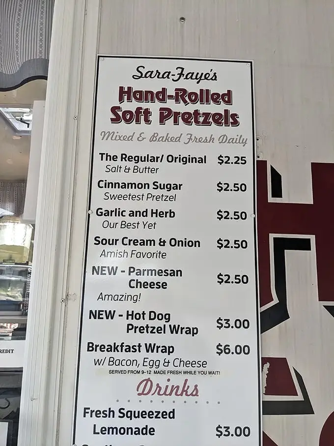 Sara-Faye's hand-rolled soft pretzels menu reads like poetry to carb enthusiasts. The "Amish Favorite" sour cream and onion pretzel calls my name.