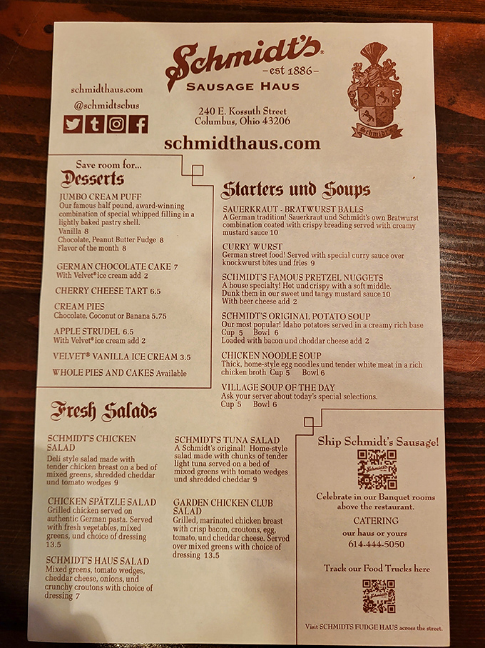 A menu that reads like a love letter to German cuisine—where deciding between schnitzel and sausage feels like Sophie's Choice.