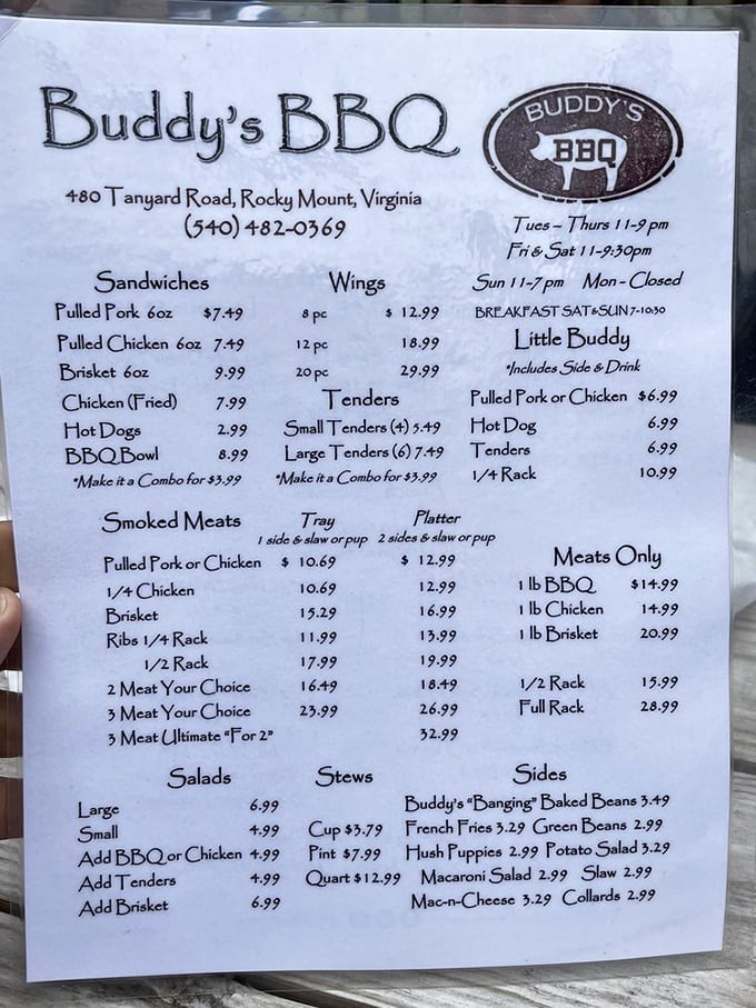 The menu at Buddy's BBQ reads like a love letter to smoked meat. Decisions, decisions—all of them delicious.