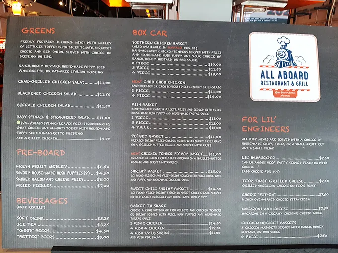 The cleverly categorized menu—with sections like "Pre-Board" and "Box Car"—makes ordering feel like planning a delicious expedition rather than just dinner.