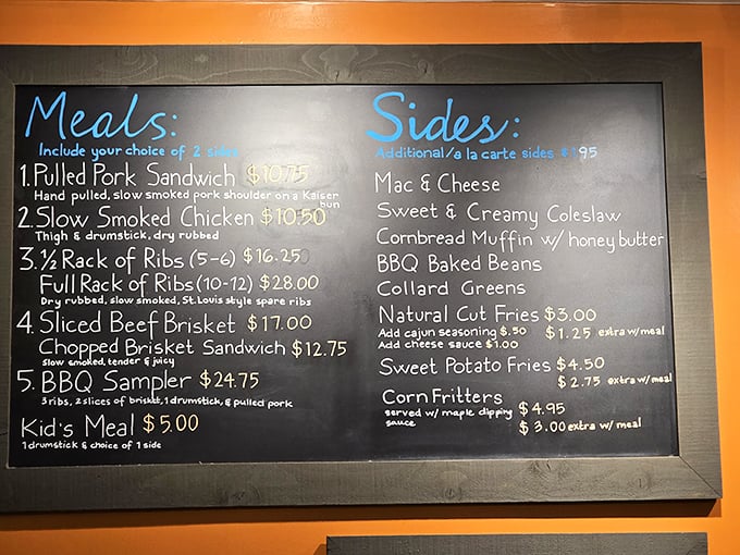 This menu board isn't just a list—it's a roadmap to happiness. Each item represents hours of smoking dedication and generations of barbecue wisdom.