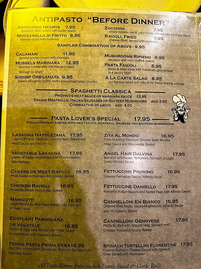 The menu reads like an Italian love letter – a carb-laden sonnet that promises happiness through cheese, sauce, and perfectly al dente pasta.