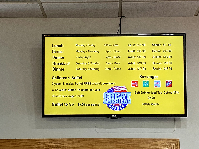 The menu board—a roadmap to happiness with prices that won't make your wallet weep. The buffet equivalent of finding money in last year's winter coat.