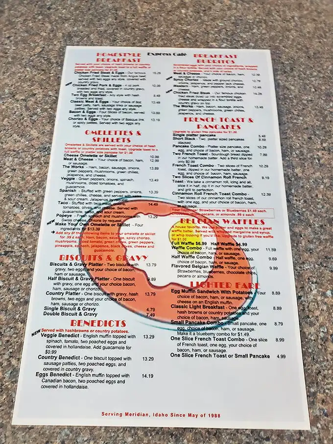 The menu at Express Cafe reads like a love letter to breakfast classics. Belgian waffles get their own special section – a hint at what's to come.