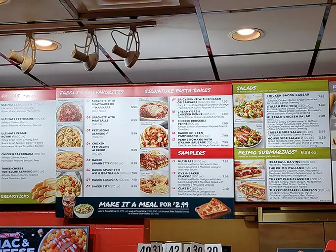 The menu board at Fazoli's reads like a greatest hits album of Italian-American classics. Decision paralysis has never been so delicious.