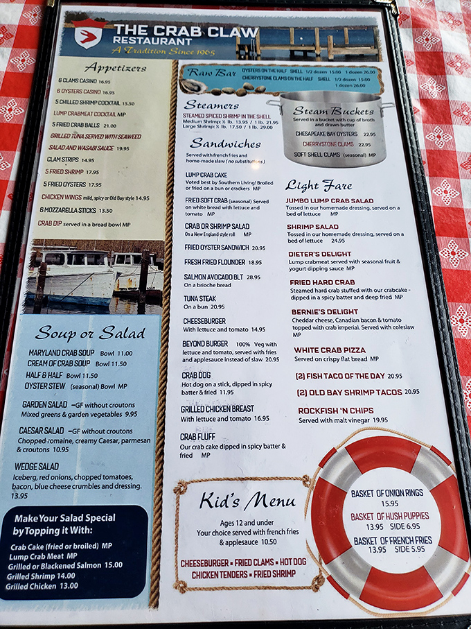 This menu isn't just a list of dishes—it's a treasure map to Maryland's seafood bounty. The "MP" notations are secret code for "worth every penny."