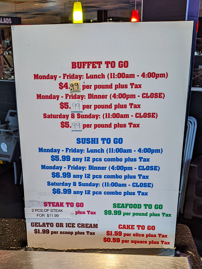 The "to-go" menu board feels like a cheat code for life—buffet by the pound means your car can smell like seven different cuisines simultaneously.