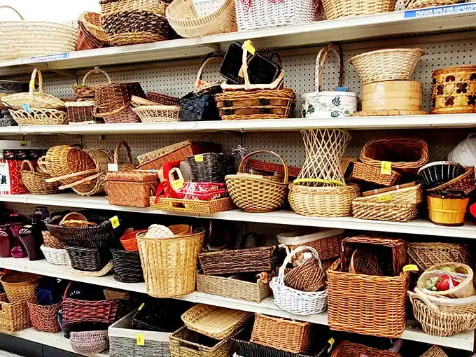 The basket section defies explanation—a wicker wonderland that makes you wonder if baskets are secretly multiplying when the store closes.