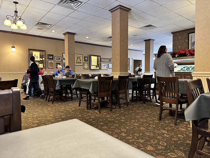 Inside Myrtie Mae's, tables await hungry travelers like an invitation to Sunday dinner at grandma's—if grandma could cook for a hundred people at once.