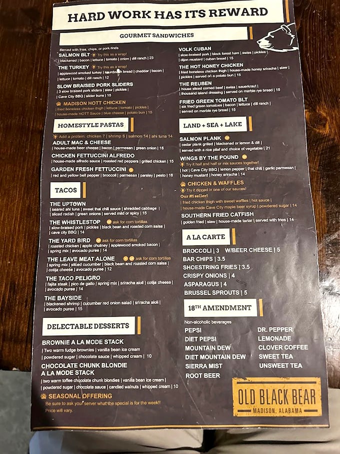 "Hard work has its reward" indeed—this menu reads like a love letter to Southern comfort with a craft beer twist.
