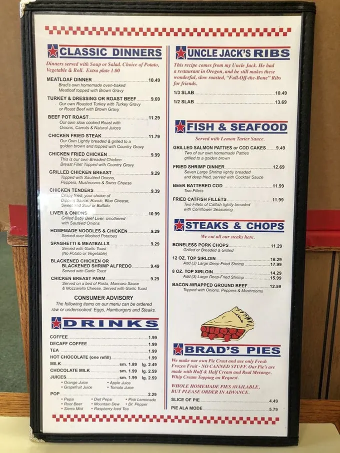 The menu reads like a love letter to American comfort food—complete with "Brad's Pies" getting their own well-deserved spotlight.