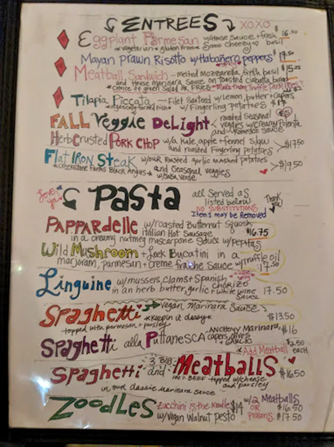 A handwritten menu that feels like getting a love letter from your Italian grandmother—if she had rainbow markers and artistic flair.