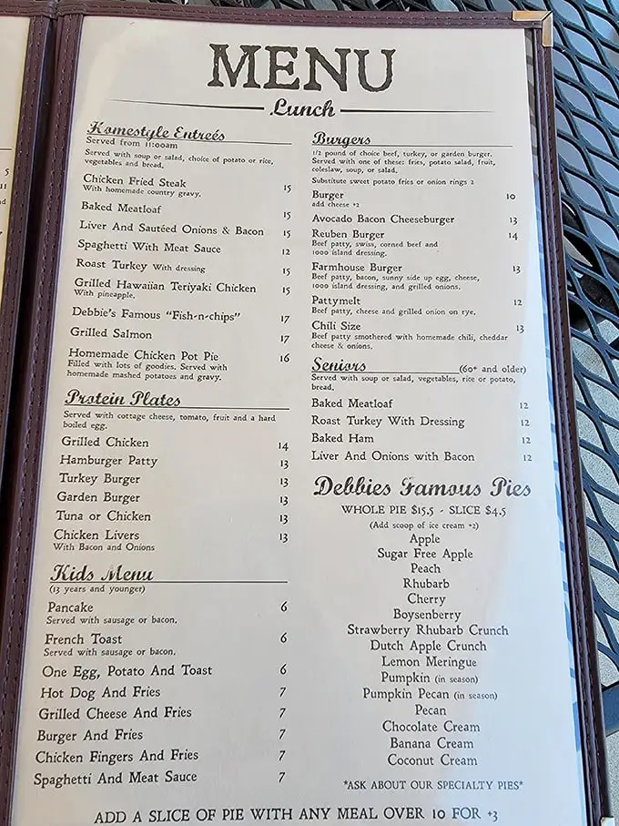 This menu isn't just a list of options – it's a roadmap to comfort food nirvana. Notice how "Famous Pies" gets its own special section?