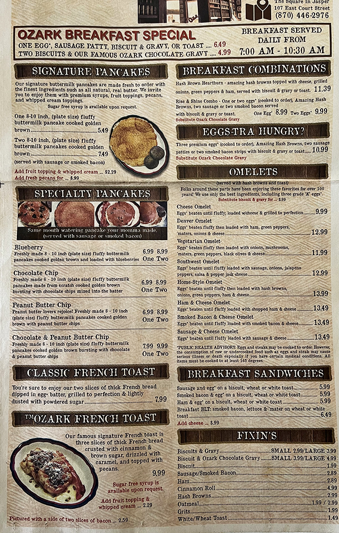 This menu isn't just a list of food—it's a declaration of delicious intent. Those signature pancakes and Ozark chocolate gravy are calling my name!