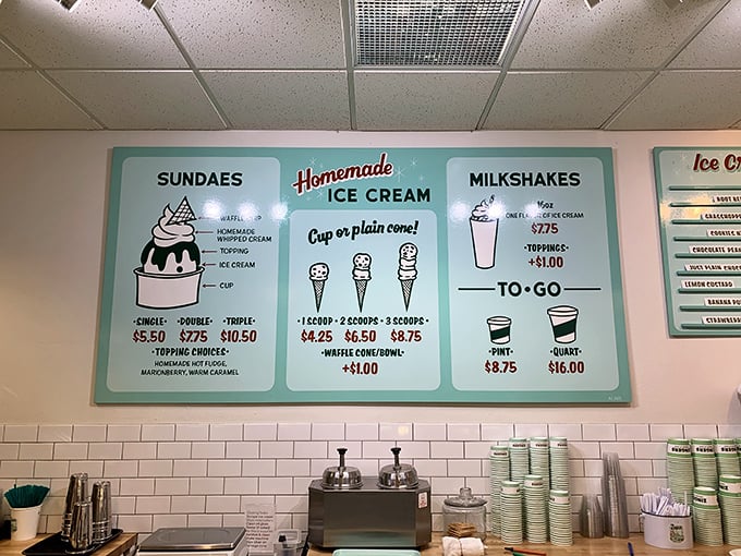 Life's big decisions made simple: one scoop, two scoops, or go for broke with three? The mint-colored menu board outlines your path to happiness.
