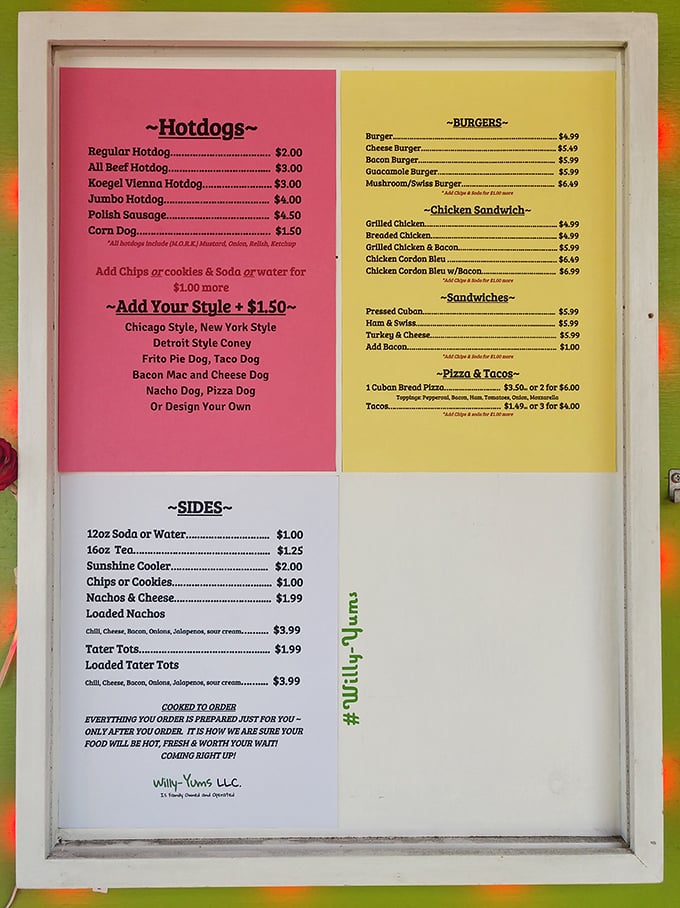 This menu board is like a roadmap to happiness. The pink and yellow sections offer a tour of regional hot dog styles that would make a food historian weep with joy.