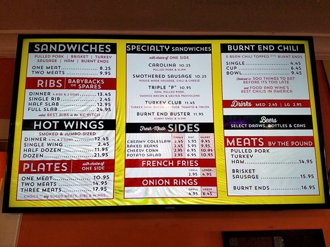 This isn't just a menu—it's a roadmap to happiness. Each line represents a different path to barbecue nirvana, with burnt ends being the holy grail.