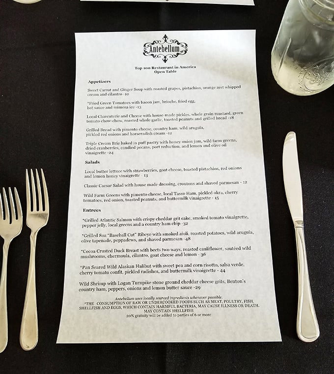 A menu that reads like a love letter to Southern ingredients. Each description promises a journey worth taking, especially that "Baseball Cut" Ribeye. 