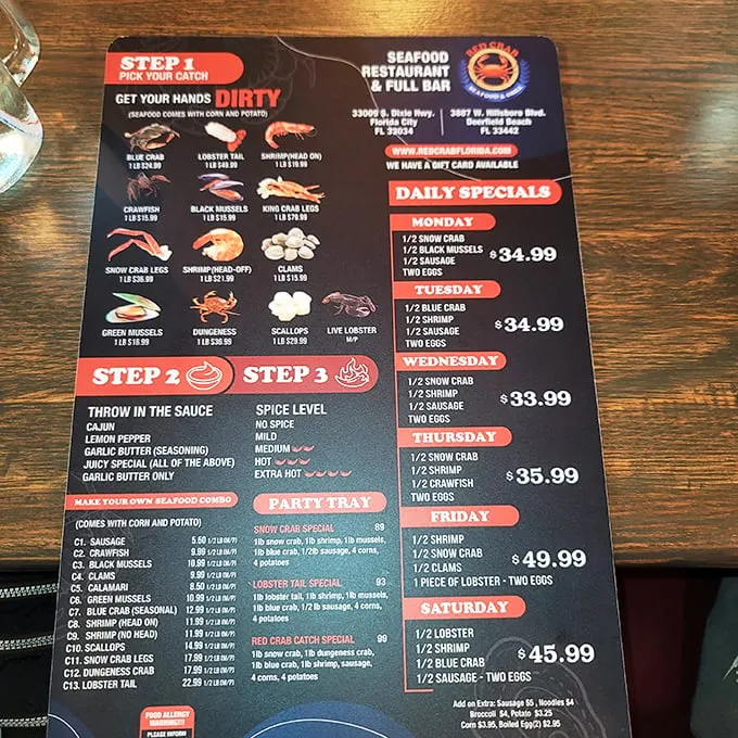 The menu reads like a treasure map for seafood lovers. X marks the spot where your taste buds strike gold.