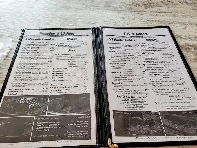 The menu at G's reads like a love letter to breakfast classics—each option more tempting than the last.
