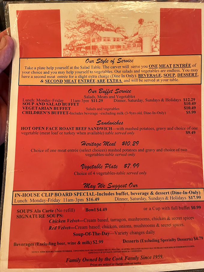 This menu isn't just a list—it's a roadmap to happiness. The "Our Style of Service" section reads like poetry to hungry souls.
