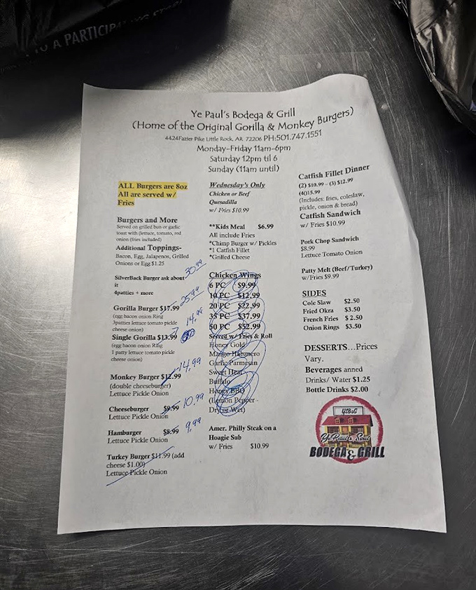 This menu isn't just a list – it's a roadmap to deliciousness with the legendary Gorilla and Monkey Burgers leading the expedition.