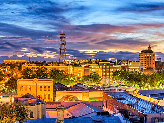 Gainesville's skyline at sunset – when the university town transforms from academic hub to a canvas of golden light and possibility.