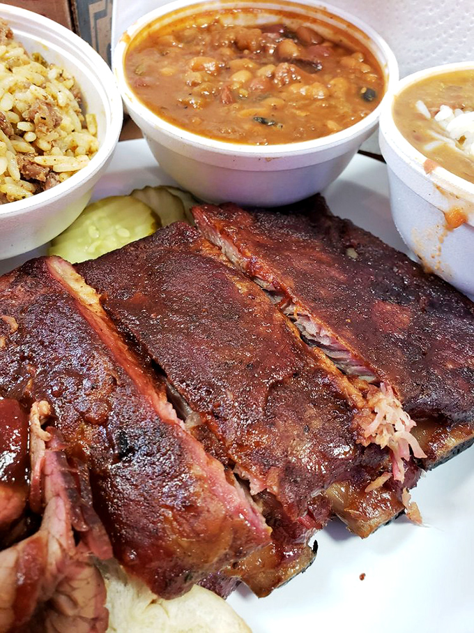 Behold the ribs—their mahogany bark hiding pink, tender meat beneath. These aren't just ribs; they're edible proof that patience and smoke create magic.