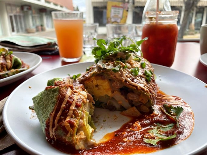Breakfast architecture at its finest—layers of flavor stacked into what might be the most photogenic omelet in Southern Oregon, complete with crispy potato cakes. 
