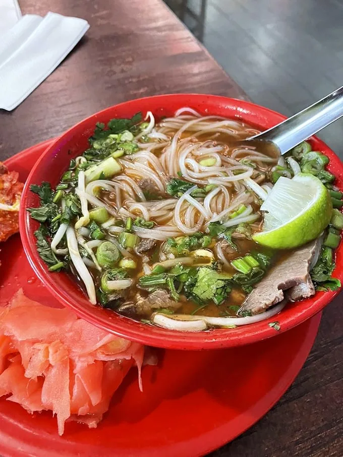 This isn't just pho—it's a steaming bowl of redemption. Fresh herbs, tender meat, and that lime wedge waiting to unleash its citrus magic.