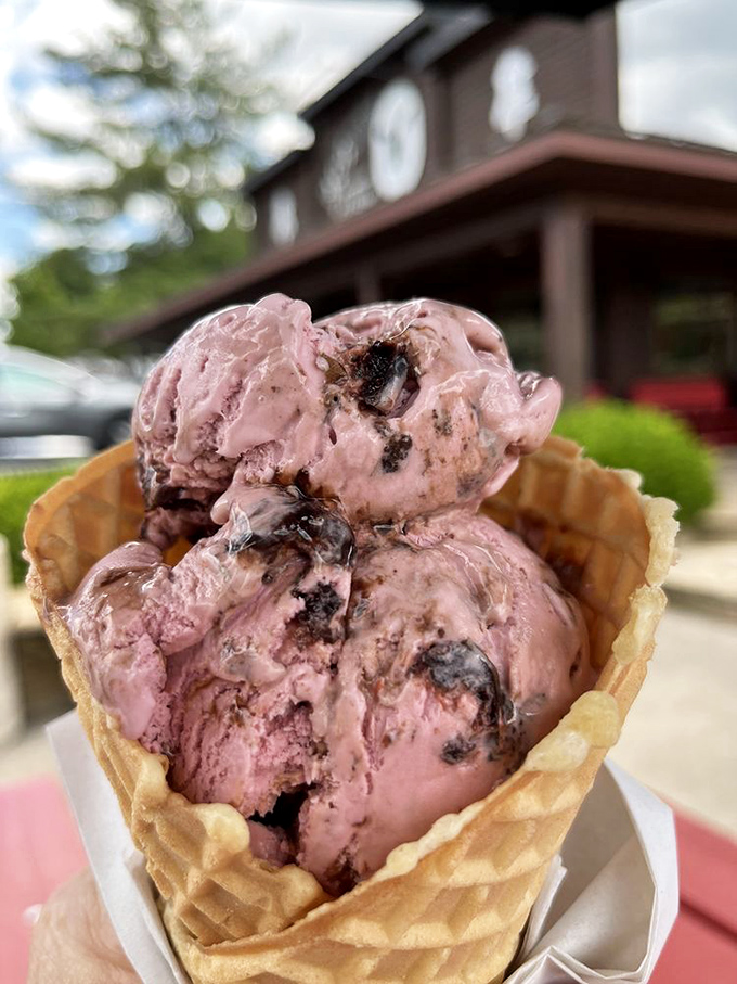 Cherry Moobilee in its natural habitat—a freshly made waffle cone positioned perfectly for that all-important first lick of summer.