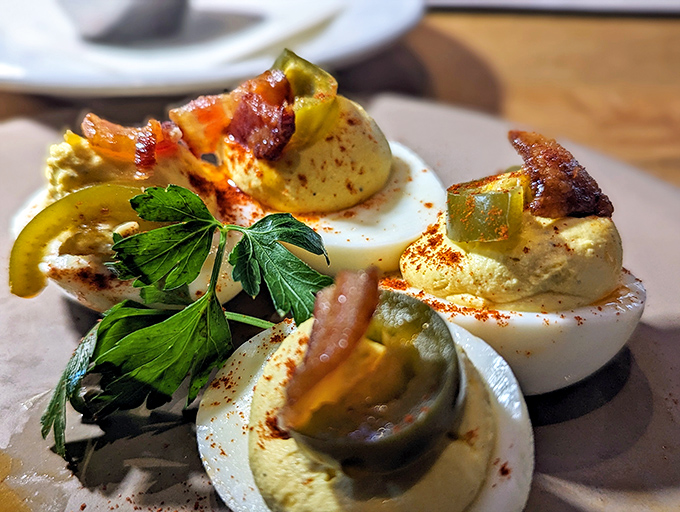 These aren't your aunt's potluck deviled eggs. Topped with pickled jalapeños and sprinkled with paprika, they're the humble egg elevated to rock star status.
