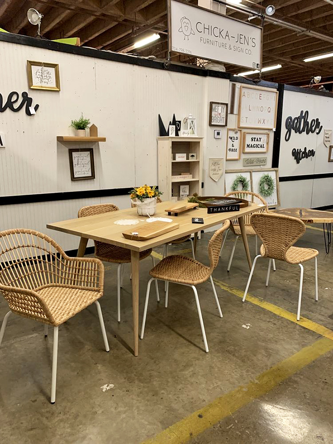 Modern meets vintage at Chicka-Jen's booth, where farmhouse chic proves that yesterday's designs still make today's homes more interesting.