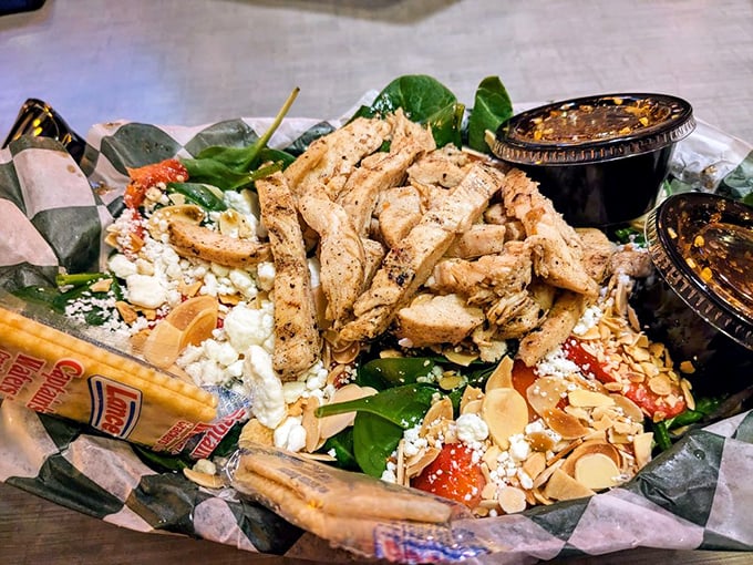 This isn't your sad desk salad from Monday's lunch meeting. Fresh greens, grilled chicken, and feta create a colorful landscape that actually makes you excited about vegetables.