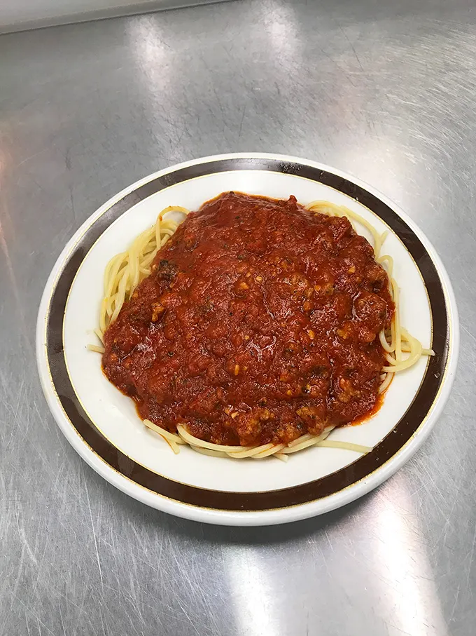 Spaghetti with meat sauce that doesn't mess around—this isn't some wimpy sauce that apologizes for its existence.