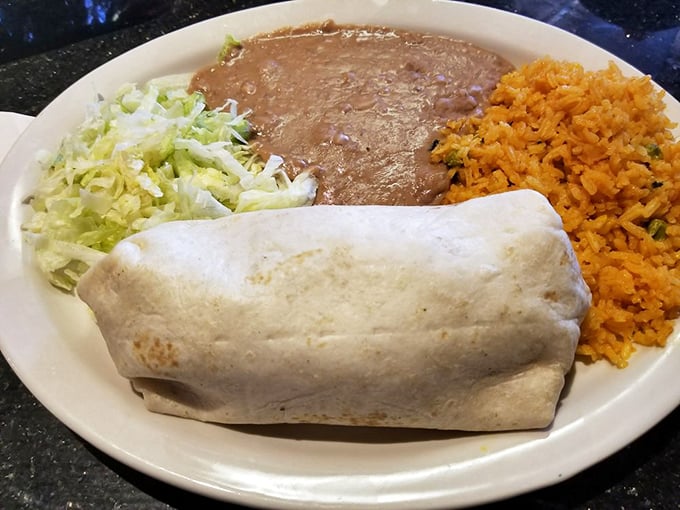 The burrito trinity: perfectly grilled tortilla, generous filling, and the holy balance of rice and beans. Simple math that somehow equals pure joy.