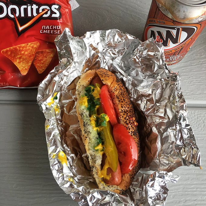 The Chicago dog in all its glory—a garden of peppers, tomatoes, and pickle spears atop a snappy dog. Like the Midwest itself: straightforward, generous, and colorful.