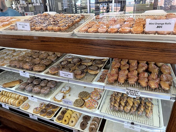 Donut democracy in action – rows upon glorious rows of options that make choosing just one an exercise in delicious futility.