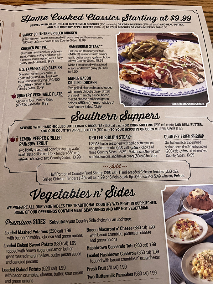 The menu reads like a love letter to Southern comfort food—each description promising the kind of satisfaction that requires an after-meal nap.