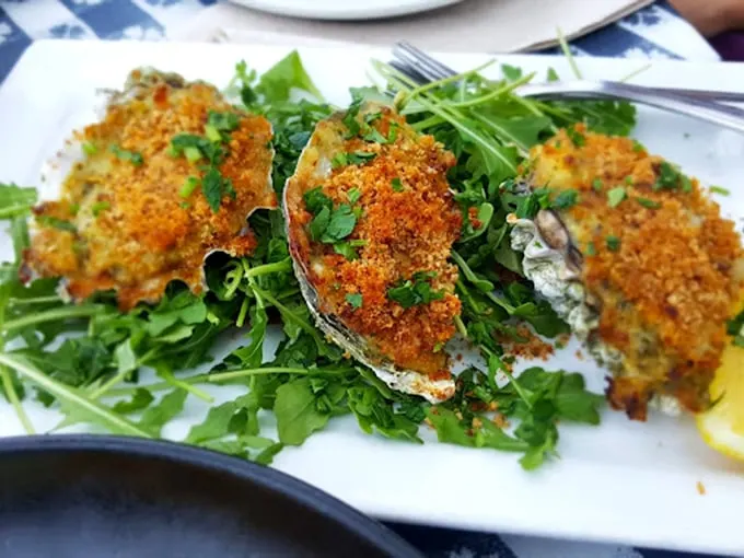 Golden-crusted treasures from the sea nestled on fresh greens. These oysters have dressed up for the occasion, and trust me—they clean up nice.
