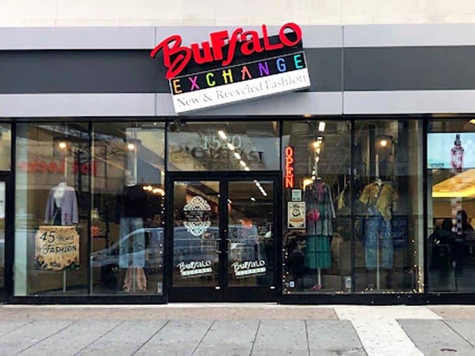 Buffalo Exchange's sleek storefront brings urban cool to second-hand shopping. Vintage treasures await the style-savvy!