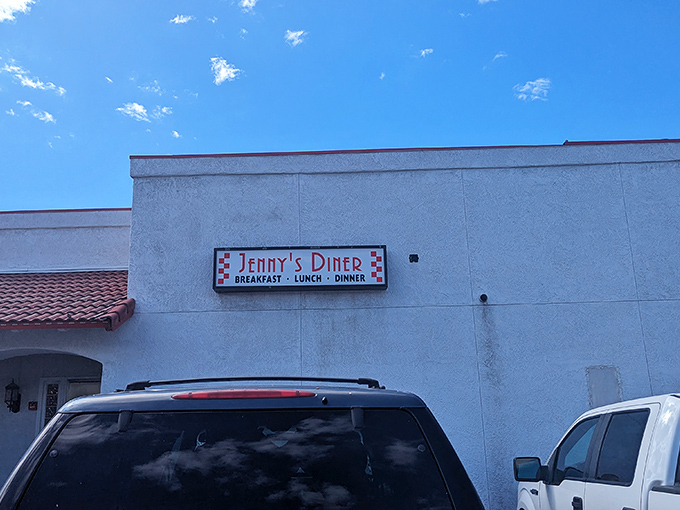 Jenny's "Breakfast All Day" sign isn't just a promise—it's a philosophy that pancakes and bacon recognize no clock.