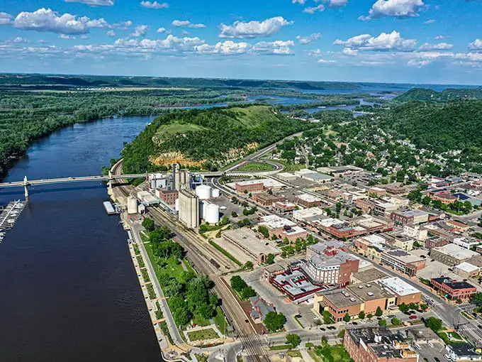 From above, Red Wing reveals its clever urban planning—nestled between bluffs and river like nature intended towns to be all along.