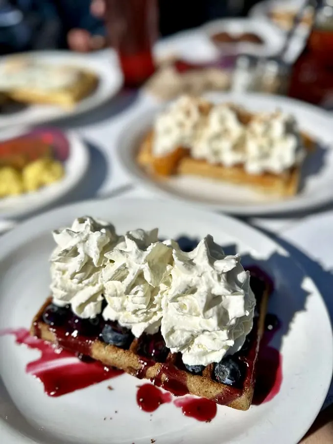 Blueberries and cream transform this waffle into something that would make your grandmother proud and your cardiologist concerned.