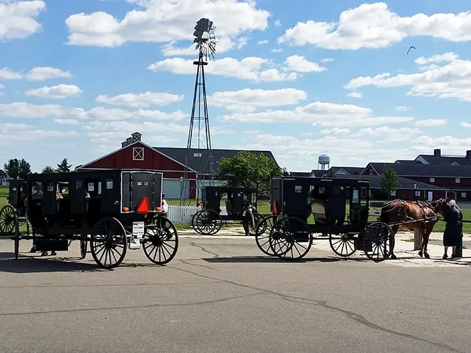 The original rideshare experience. Amish buggies line up near a classic red barn, offering visitors authentic transportation that predates Uber by about two centuries.